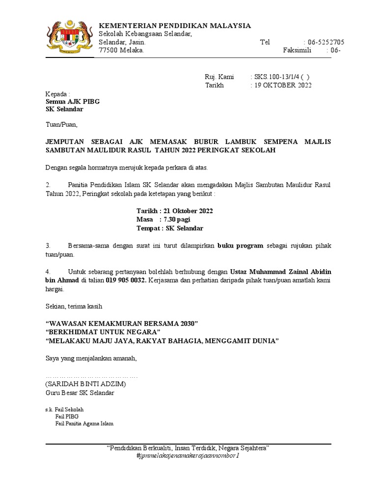 Surat Jemputan Program Maulidur Rasul SK Selandar 2022 | PDF