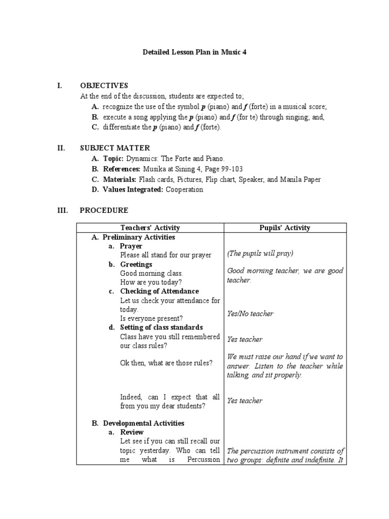 Detailed Lesson Plan in Music 4 - DYNAMICS | PDF