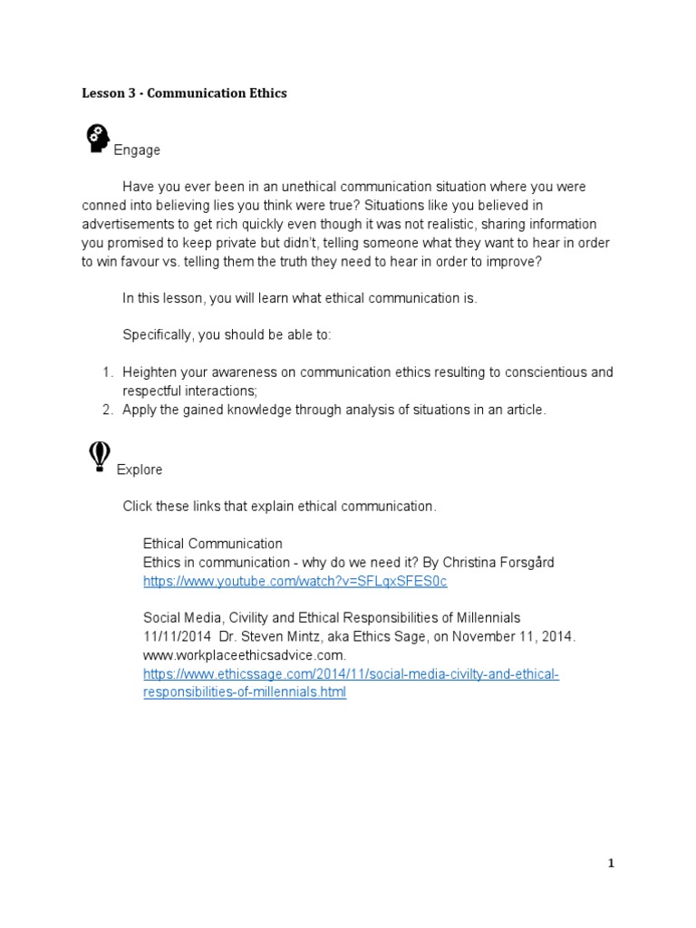 Lesson 3 Communication Ethics | PDF | Communication | Information Lesson 3 Communication Ethics | PDF | Communication | Information