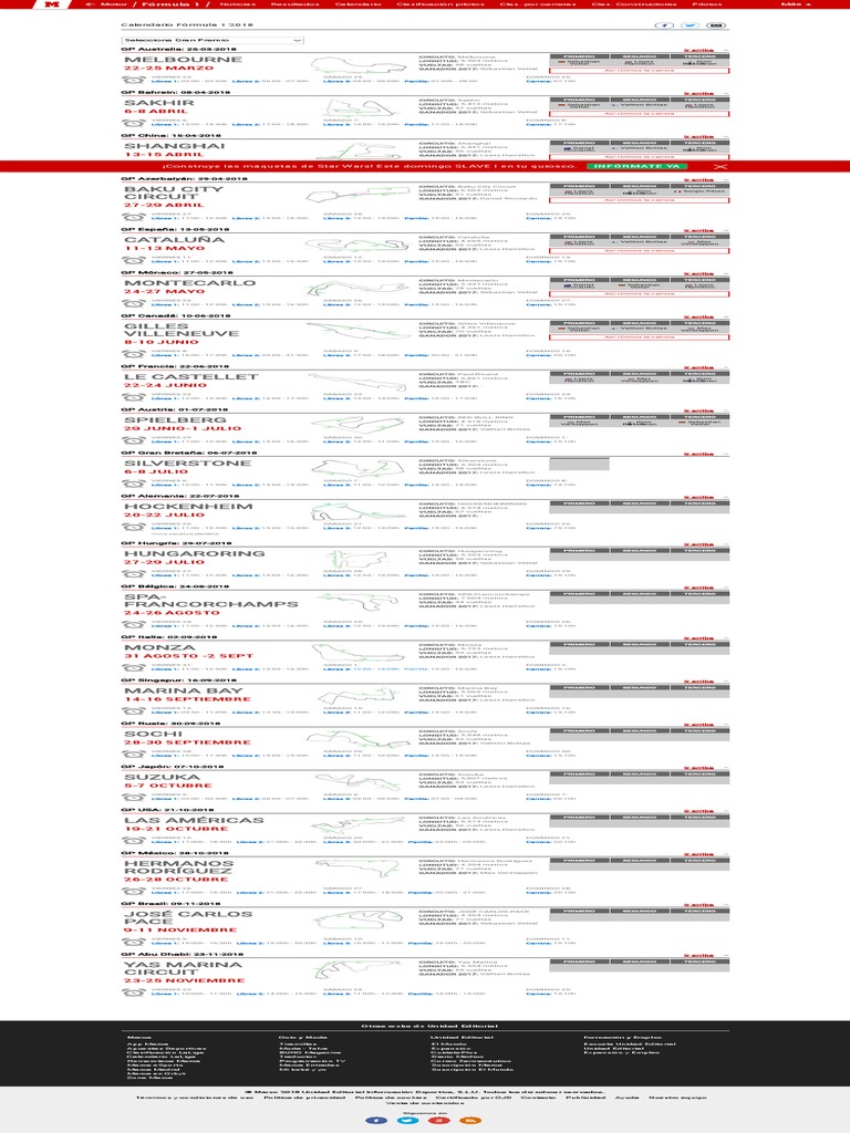 Calendario F1 2018 - Horarios, Carreras y Circuitos de La Fórmula 1 ...