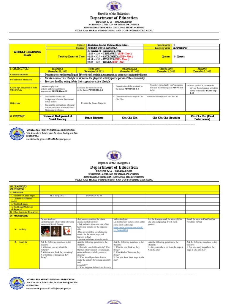 Grade 9 P.E. Dance Lesson Plan | PDF | Learning | Behavior Modification