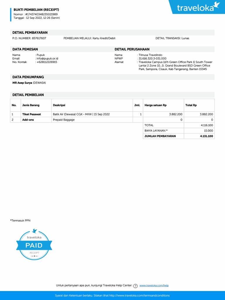 Receipt CGK-MKW Asep Surya | PDF