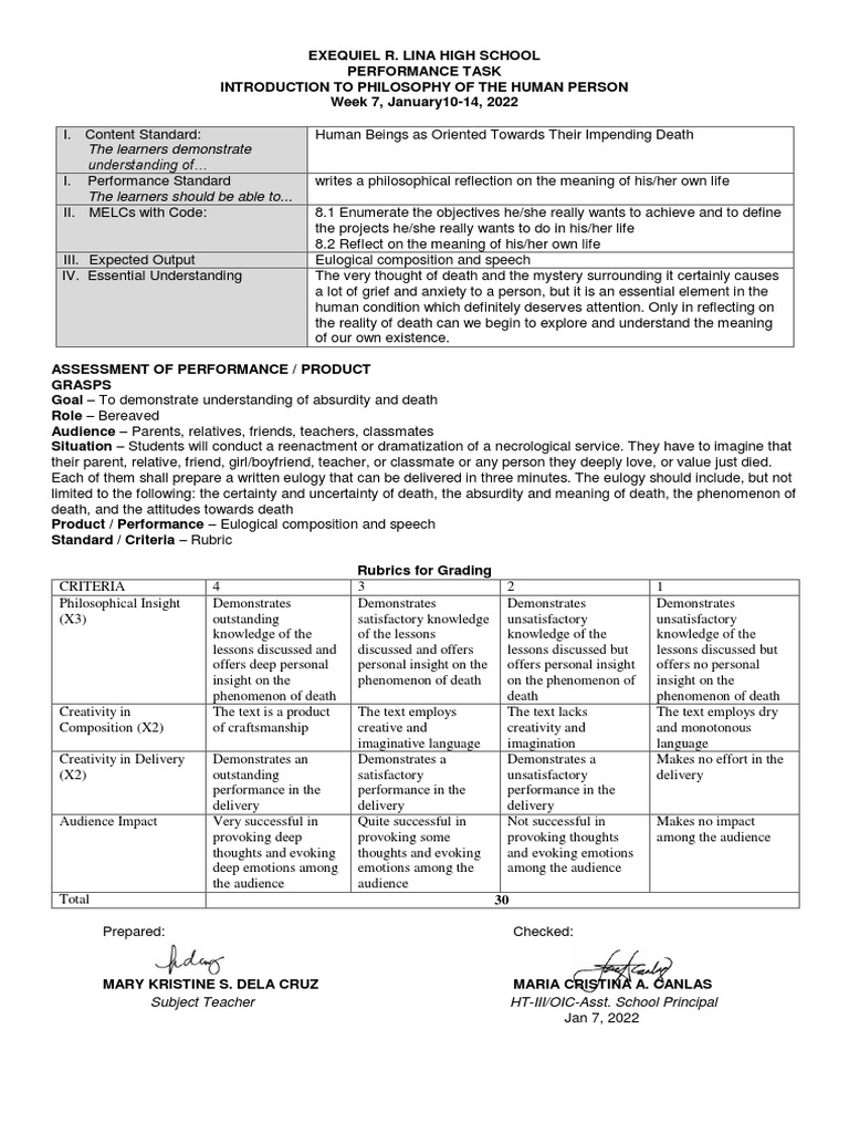 Q2-W7 - Performance Task | PDF | Rubric (Academic) | Grief