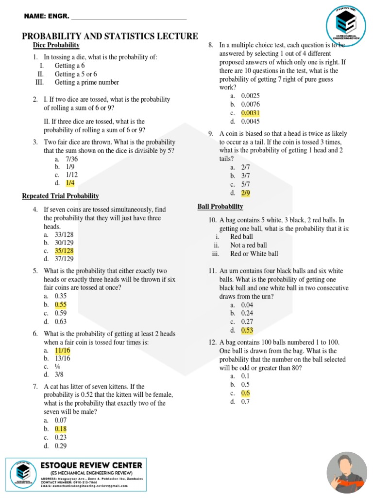 Probability & Statistics-Handouts | PDF | Variance | Probability