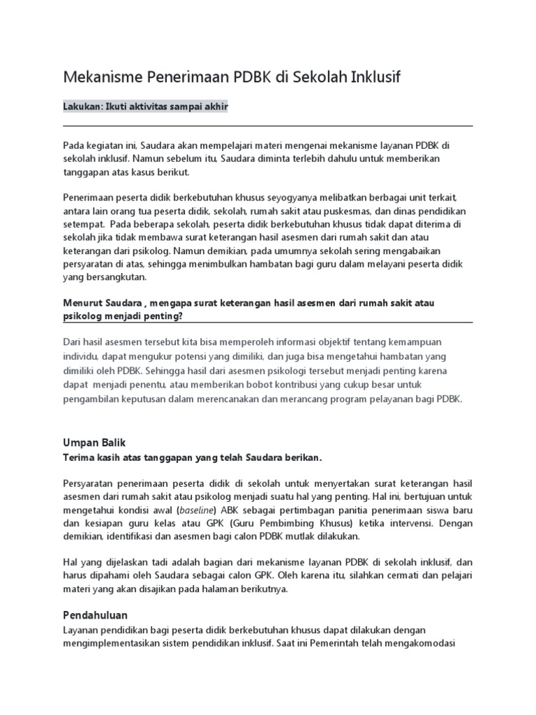 Mekanisme Penerimaan PDBK Di Sekolah Inklusif | PDF
