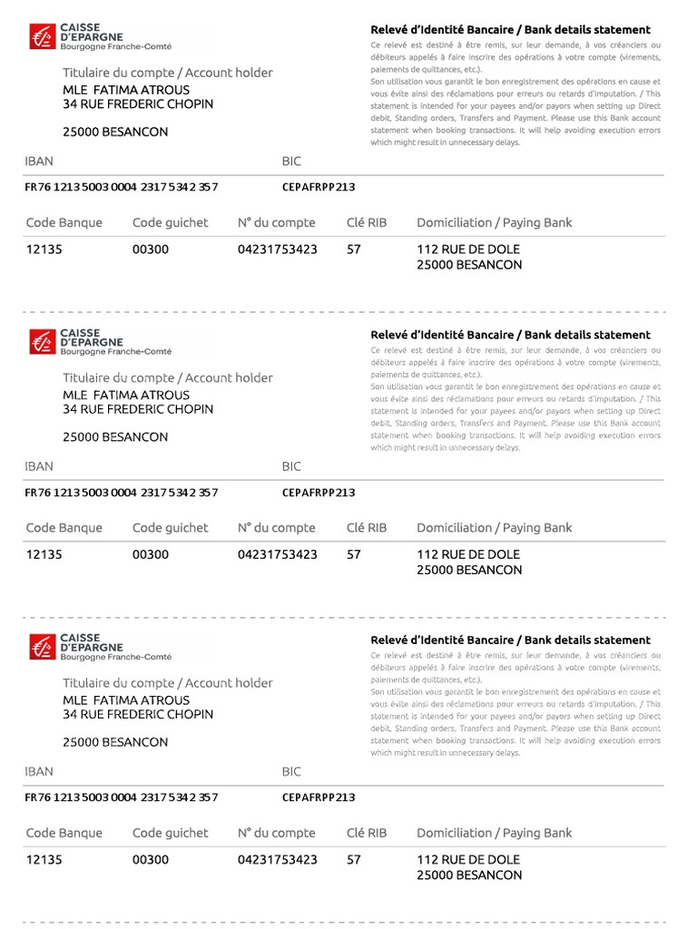 Relevé D'identité Bancaire / Bank Details Statement | PDF