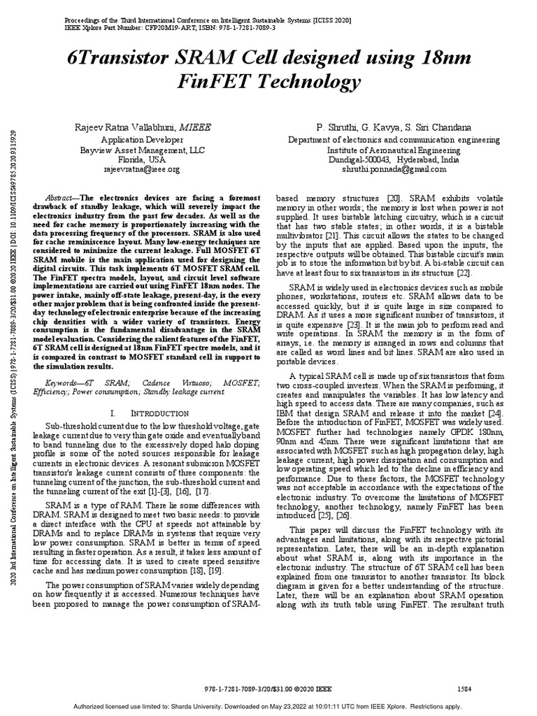 6transistor SRAM Cell Designed Using 18nm FinFET Technology | PDF | Computers