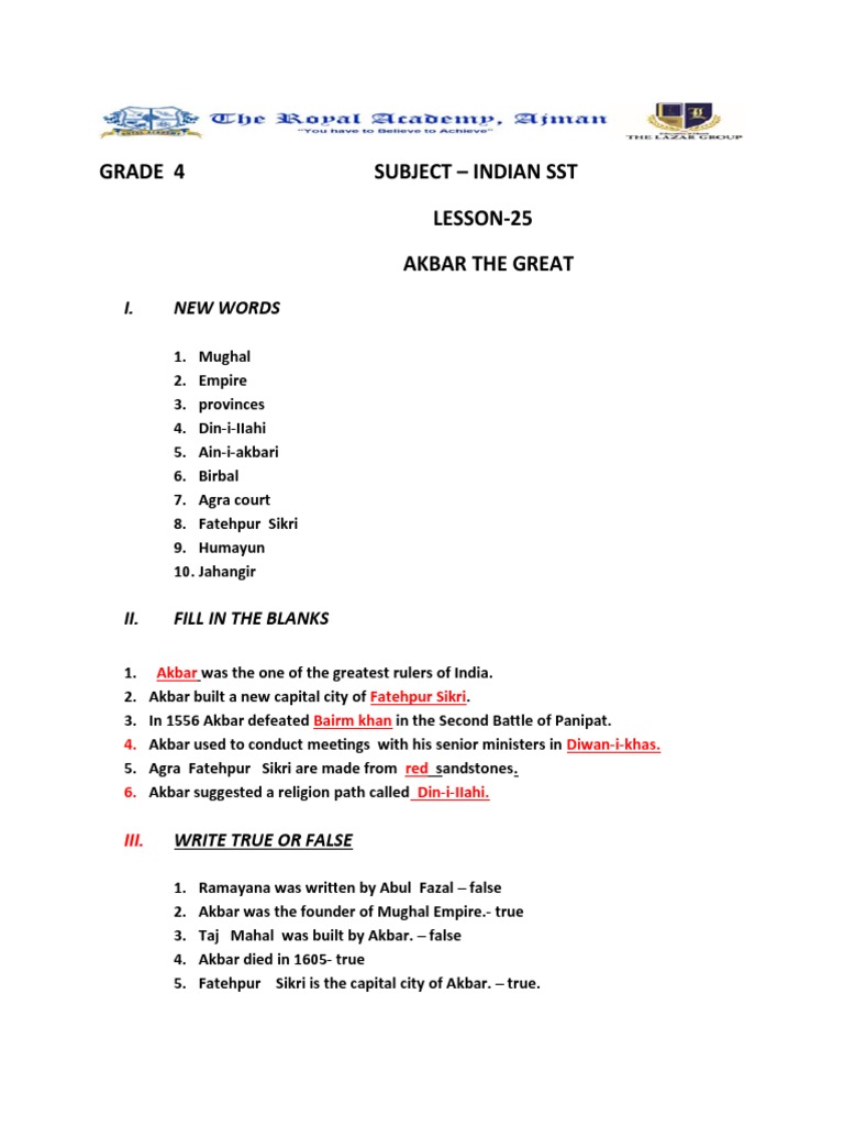 Grade 4 Akbar The Great Notes 22-4 | PDF | History