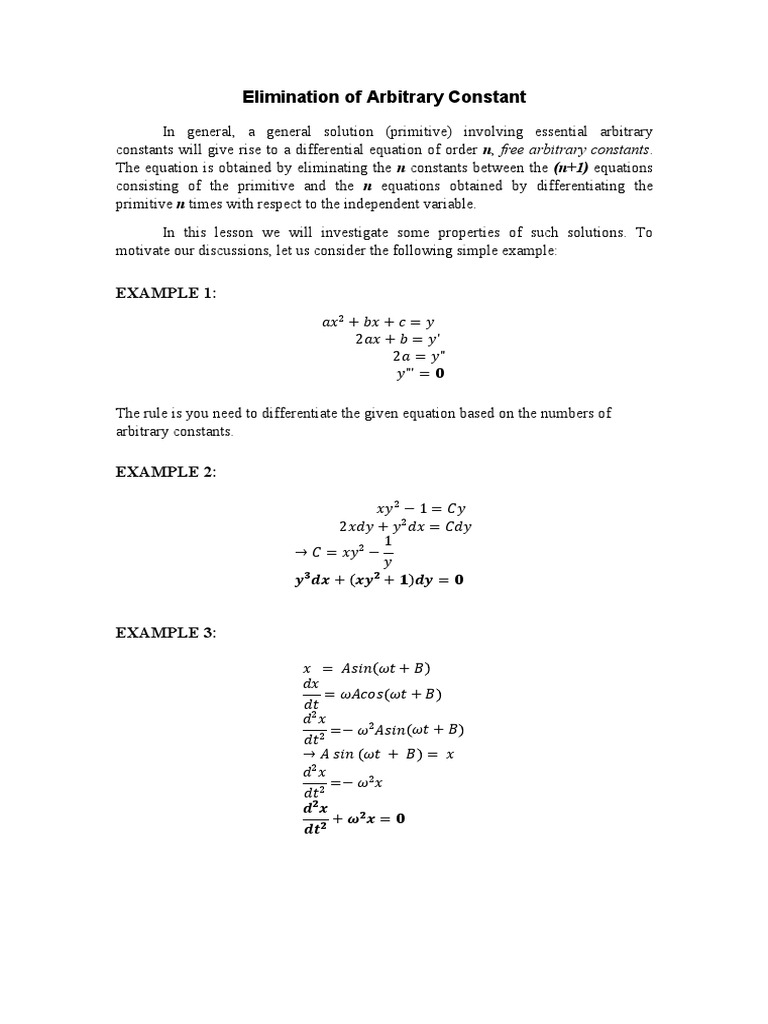 Elimination of Arbitrary Constant FAMILY OF CURVES | PDF | Equations ...