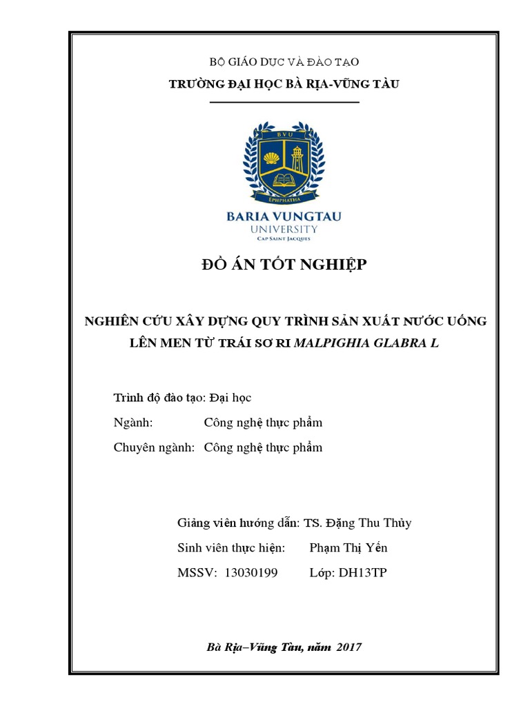 Đồ án tốt nghiệp - Nghiên cứu xây dựng quy trình sản xuất nước uống lên men từ trái Sơ ri ...