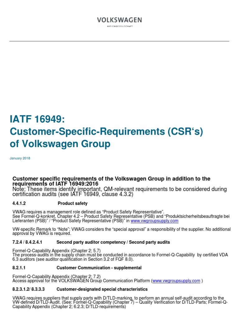Volkswagen-Group CSR IATF-16949 Jan-2018 | PDF | Audit | Supply Chain