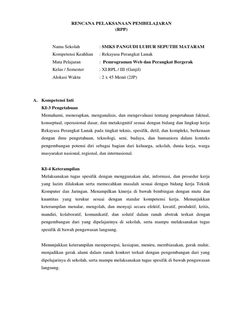 RPP Pemrograman Web SMK Kelas XI | PDF