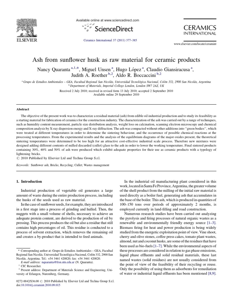 Ash From Sunflower Husk As Raw Material For Ceramic Products | PDF ...