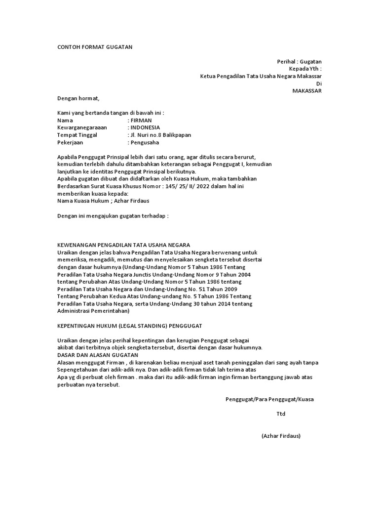 Contoh Surat Gugatan Perdata | PDF