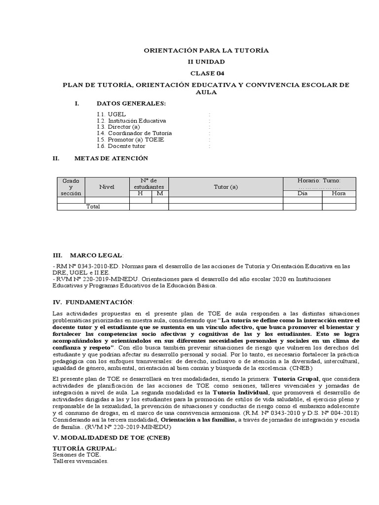 Ii Unidad Clase 04 Plan Toe Aula | PDF