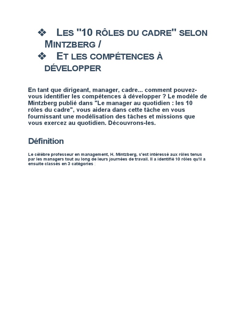 Les 10 rôles du manager selon Mintzberg | PDF | Direction | Informations