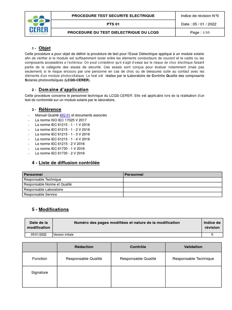 PTS 01 - ProcÃ©dure de Test Pour L'essai Dielectrique - Cópia | PDF