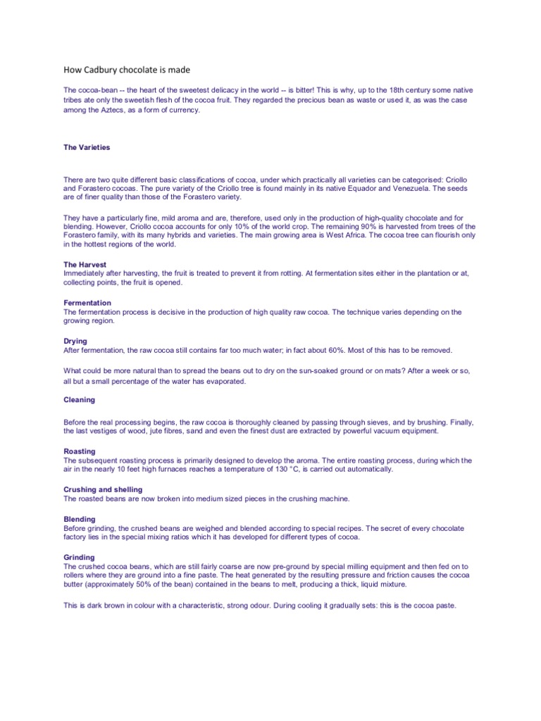 Cadbury Chocolate Production Process | PDF | Kraft Foods Inc | Chocolate