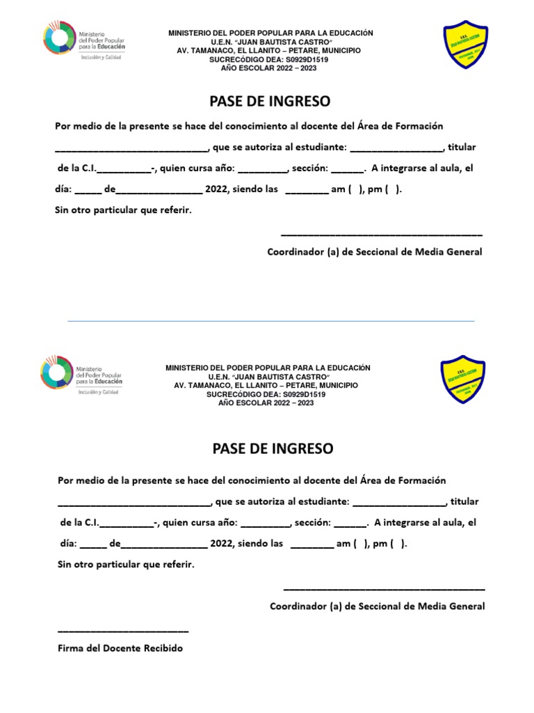 Formato Pase de Ingreso | PDF