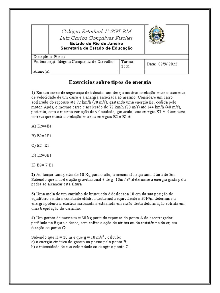 Exercícios Sobre Tipos de Energia | PDF