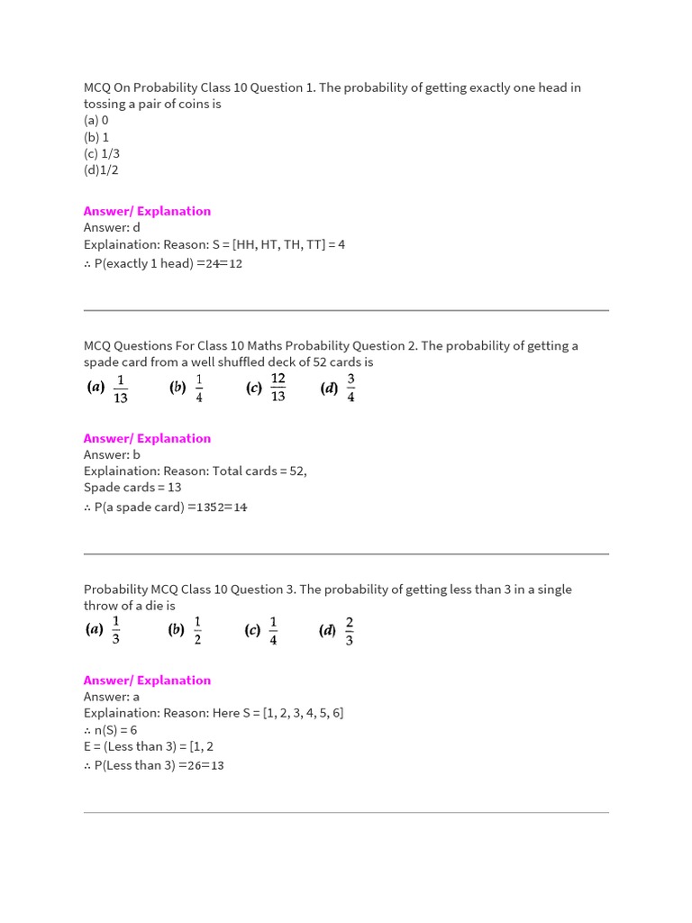 89042MCQ On Probability Class 10 Question 1 | PDF