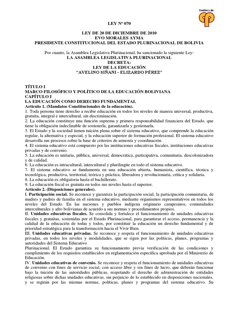 Ley 070 - Avelino Siñani | PDF