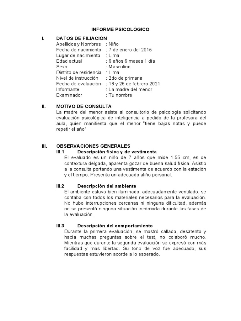 Informe Psicológico Wppsi Iv Modelo | PDF
