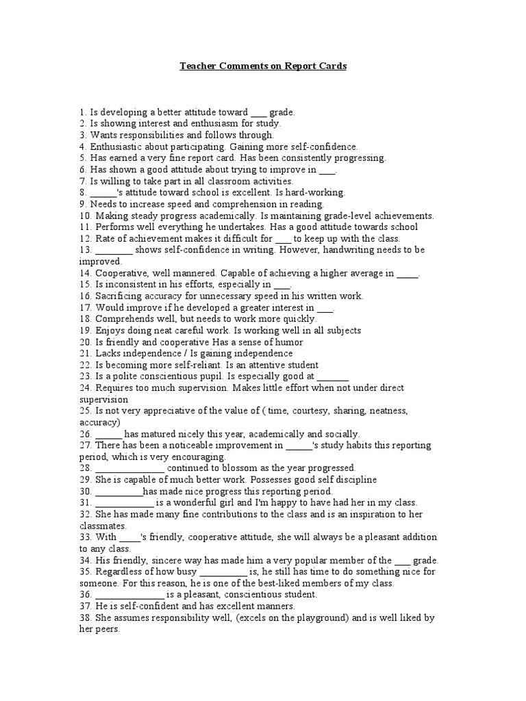 Teacher Comments On Report Cards | PDF | Career & Growth | Wellness