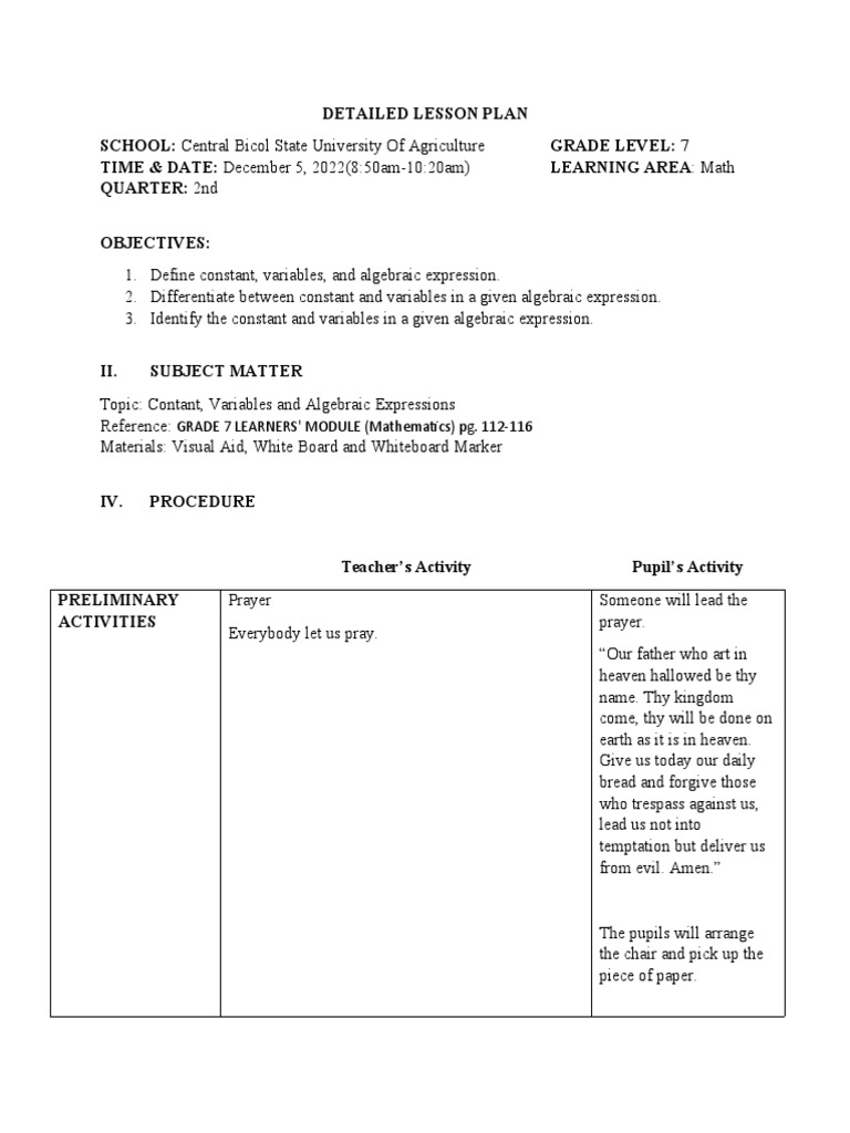 Algebraic Expressions Lesson Plan Grade 7 | PDF | Variable (Mathematics ...