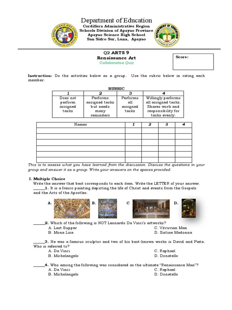 Renaissance Art Collaborative Quiz | PDF | Michelangelo | Leonardo Da Vinci