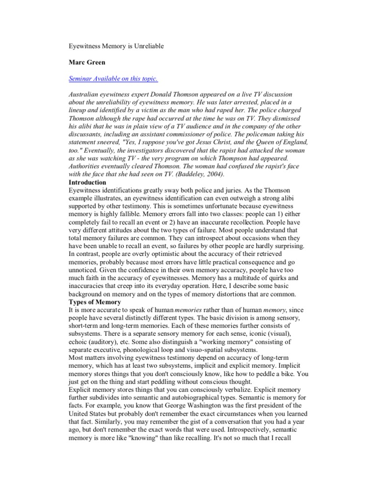 Eyewitness Memory Is Unreliable | PDF | Recall (Memory) | Memory