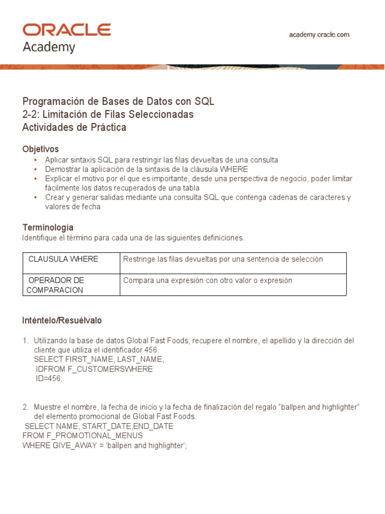Programación de Bases de Datos Con SQL 2-2: Limitación de Filas Seleccionadas Actividades de ...