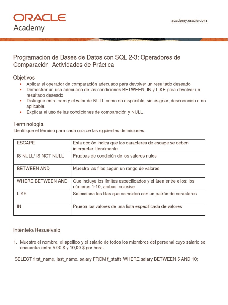 Programación de Bases de Datos Con SQL 2-3: Operadores de Comparación Actividades de Práctica ...