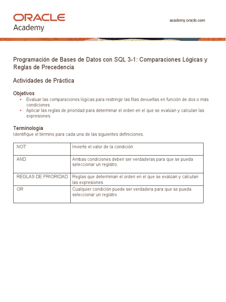 Programación de Bases de Datos Con SQL 3-1: Comparaciones Lógicas y Reglas de Precedencia ...
