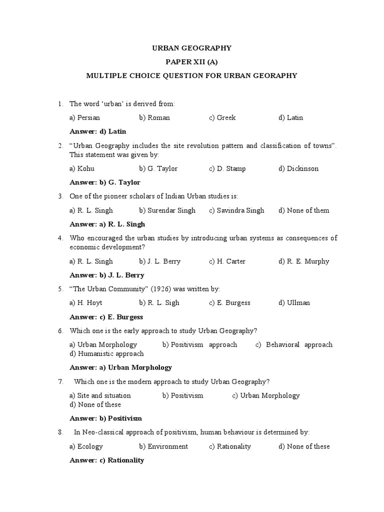 Urban Geography MCQs and Answers | PDF | Slum | City