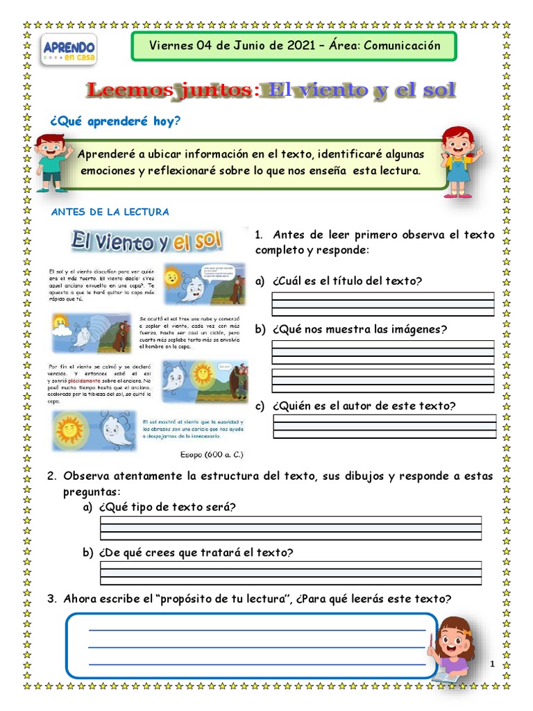 VIERNES 4 - 06 SPL1 El Viento y El Sol Comprensión S1 | PDF