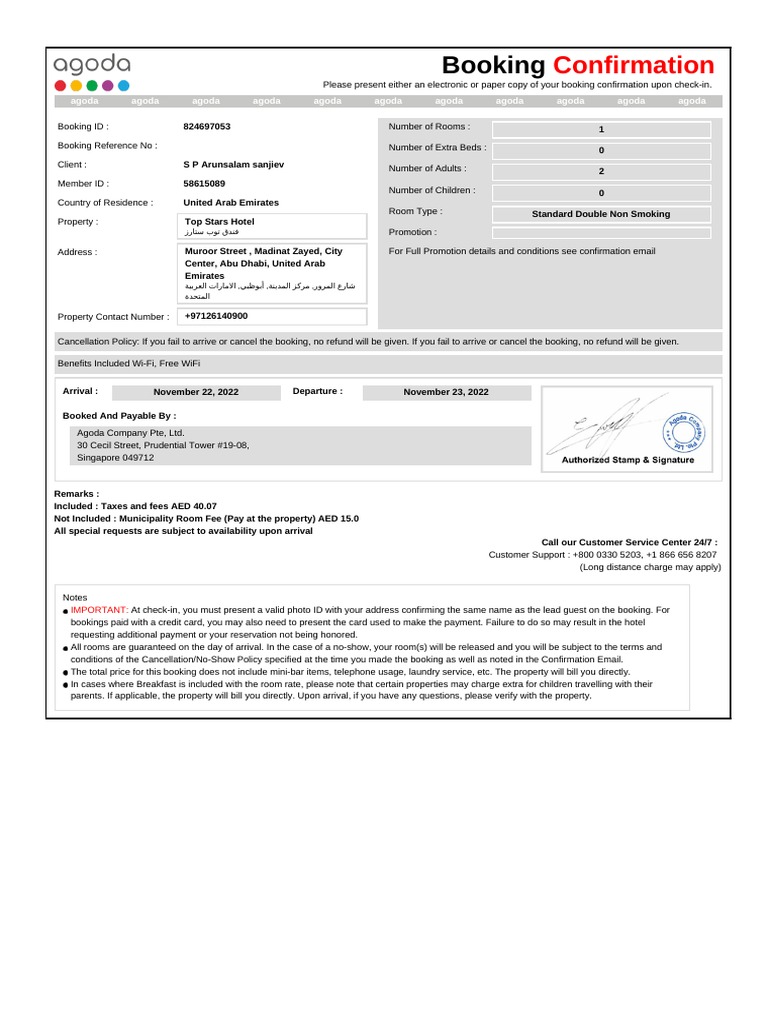 Confirmation For Booking ID # 824697053 | PDF