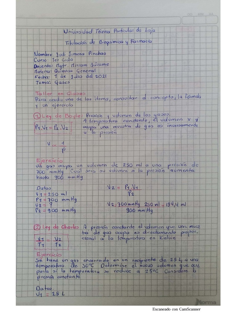 Yudi Jimena Pinchao Química Taller Gases Final | PDF Yudi Jimena Pinchao Química Taller Gases Final | PDF
