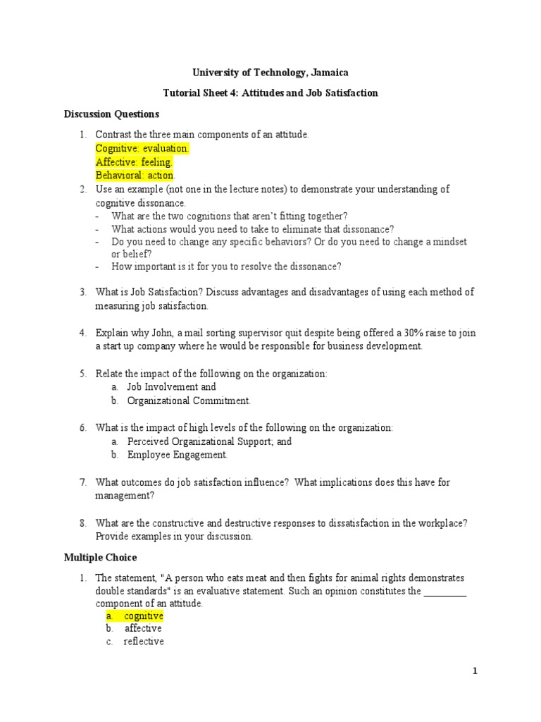 Attitudes and Job Satisfaction Tutorial 4 | PDF | Job Satisfaction ...