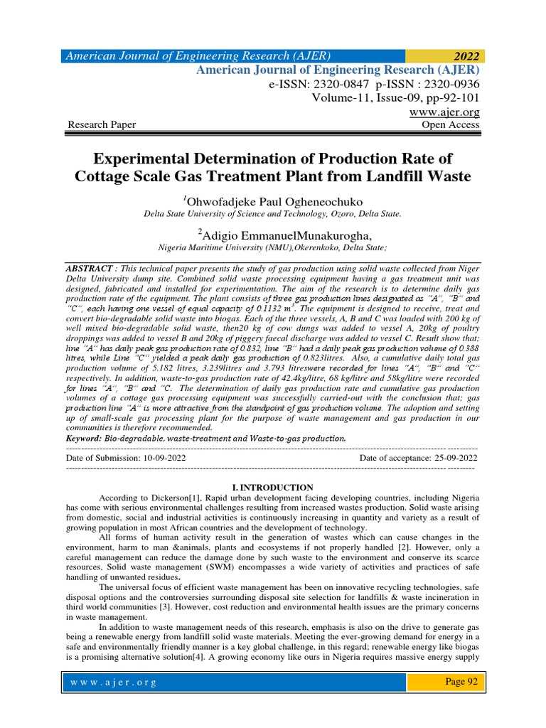 Experimental Determination of Production Rate of Cottage Scale Gas Treatment Plant From Landfill ...