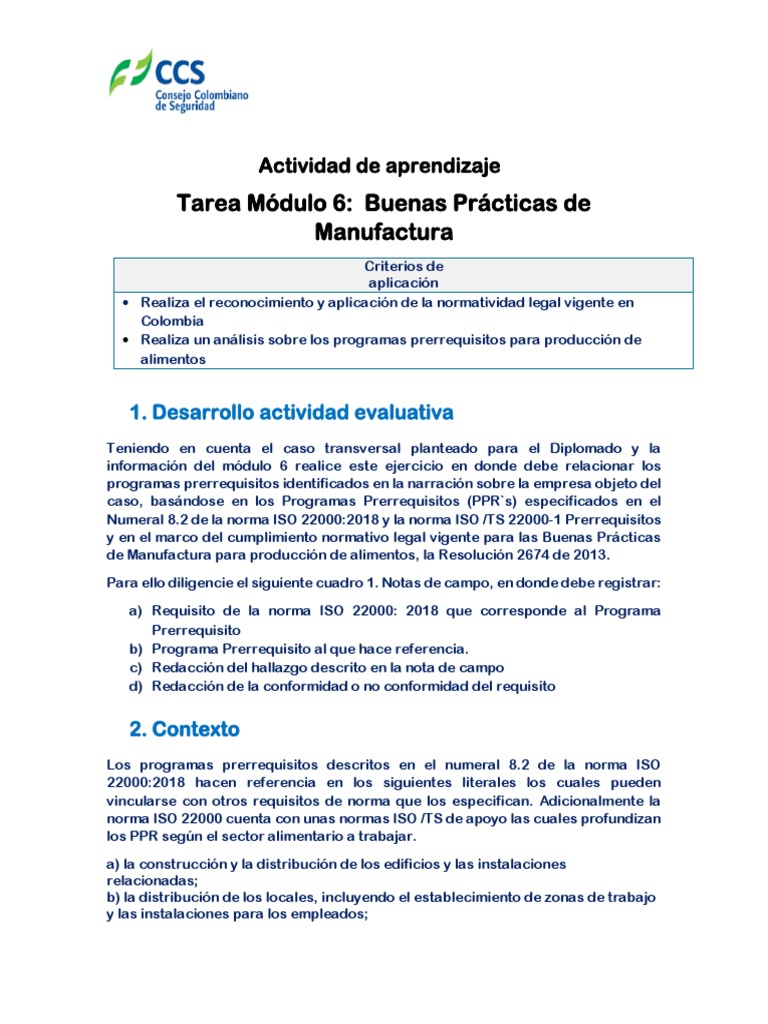 Tarea Modulo 6 BPM | PDF | Seguridad alimenticia | Alimentos