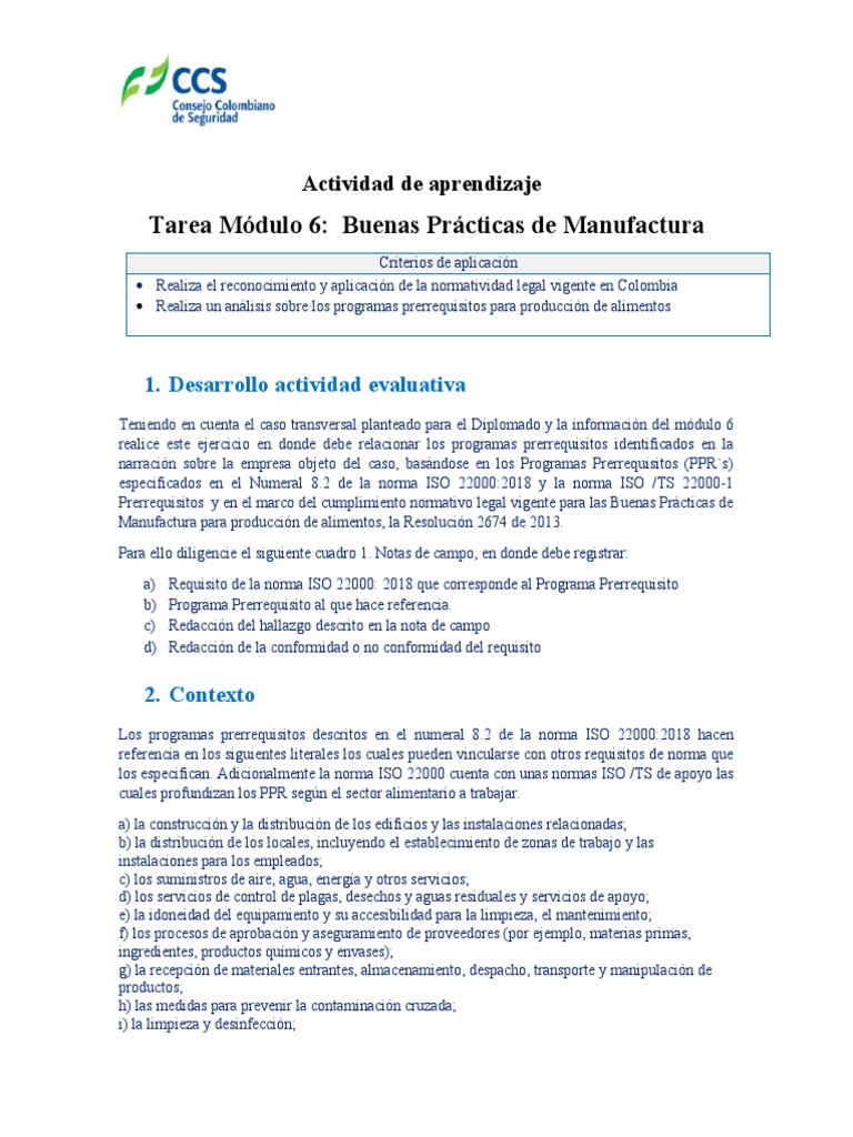 Tarea Modulo 6 BPM | PDF | Seguridad alimenticia | Alimentos