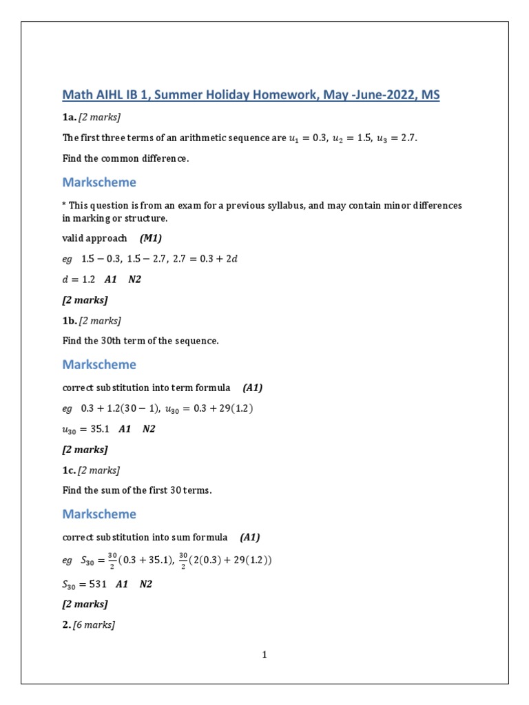 Math AIHL Summer Holiday Homework 2022, MS, IB 1 | PDF | Area | Mathematics