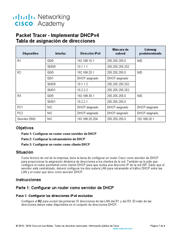 7.4.1 Packet Tracer - Implement DHCPv4 - ILM | PDF | Dirección IP | Enrutador (Computación)