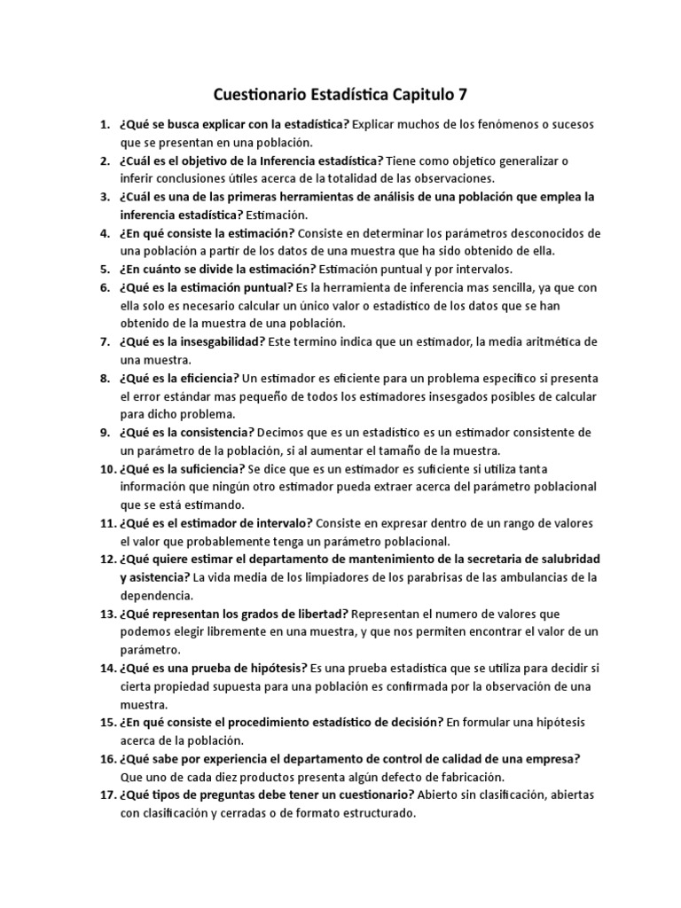 Cuestionario Estadística Capitulo 7 | PDF | Estimador | Estadísticas