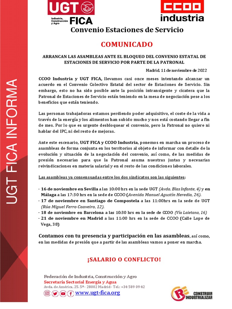 Comunicado UGT FICA Informa - Convenio EESS - Conv de Asambleas Trabajadores | PDF