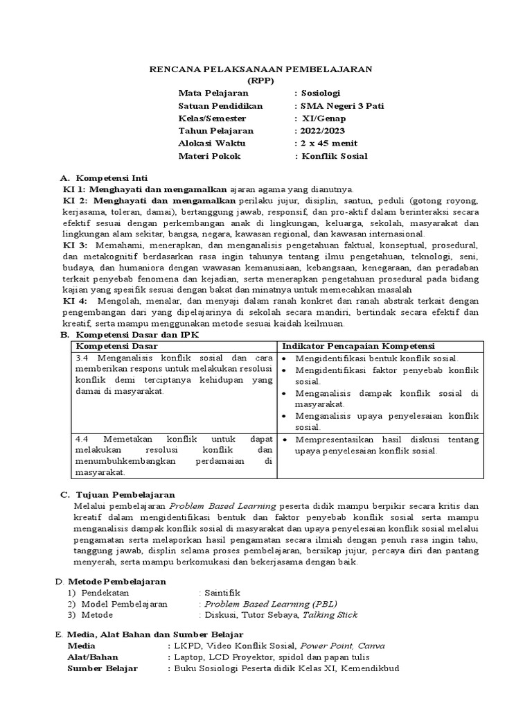 RPP Aksi 3 Konflik Sosial Fix | PDF | Karier & Perkembangan