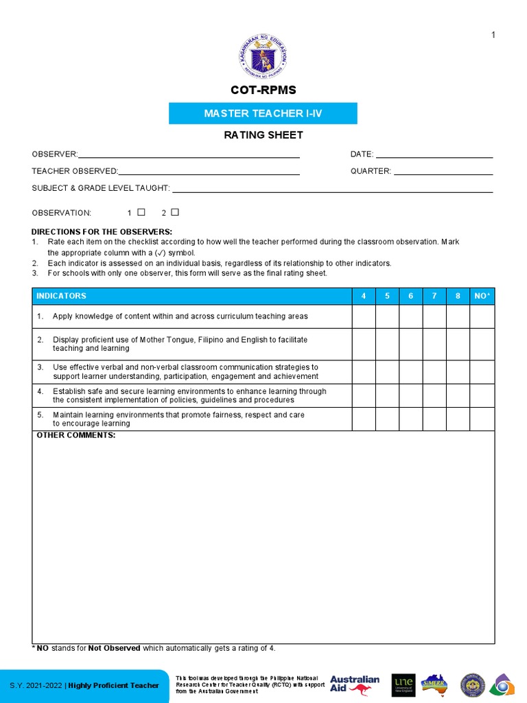 COT RPMS Rating Sheet For MT I IV For SY 2021 2022 in The Time of COVID ...
