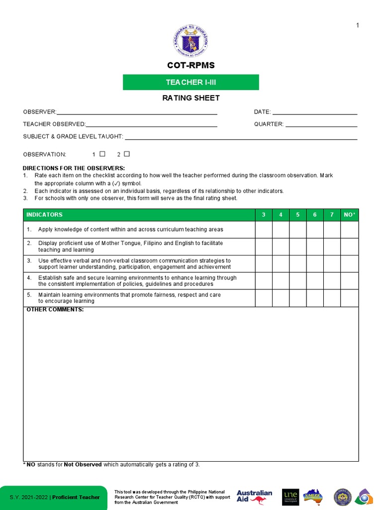 COT RPMS Rating Sheet For T I III For SY 2021 2022 in The Time of COVID ...
