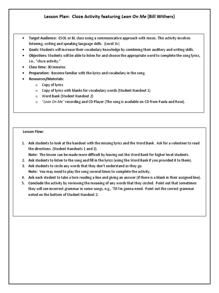 Cloze Activity Level 3 Lean On Me | PDF | Vocabulary | Cognitive Psychology